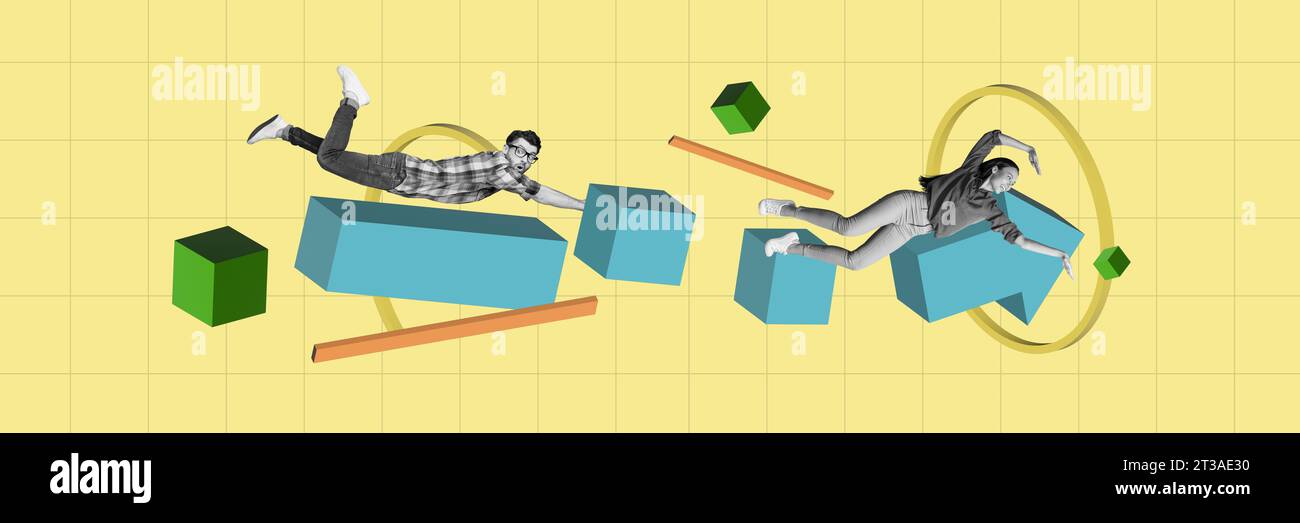 Template graphics collage image of funky excited colleagues flying ...