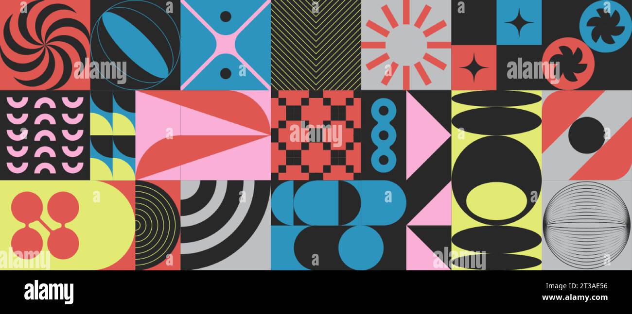Abstract brutalist modern geometric pattern. Brutalism vector graphic color collage with basic ...