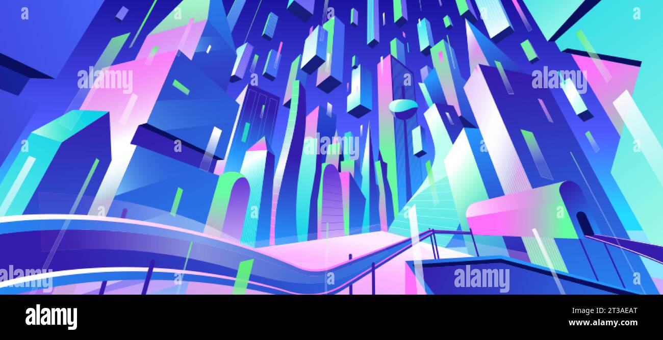 Metaverse future cityscape with skyscrapers, perspective view. Night ...