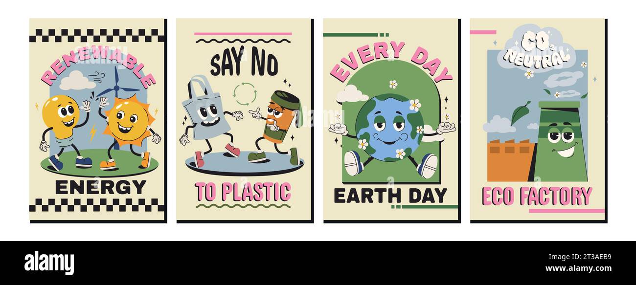 Flat set posters of save the planet, no plastic and renewable energy in ...