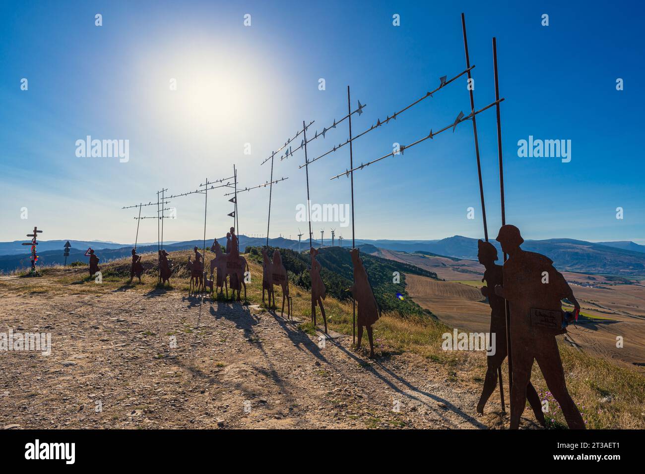 Alto del Perdón, Spain. August 8, 2023. Monument to the pilgrim. Text translation: Where the ...