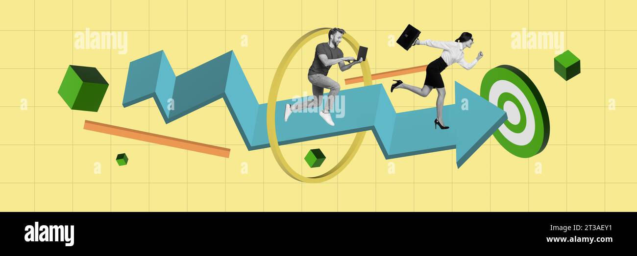 Collage sketch image of purposeful colleagues running achieving target ...