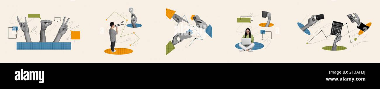 Photo collage artwork minimal picture of smiling colleagues sending ...