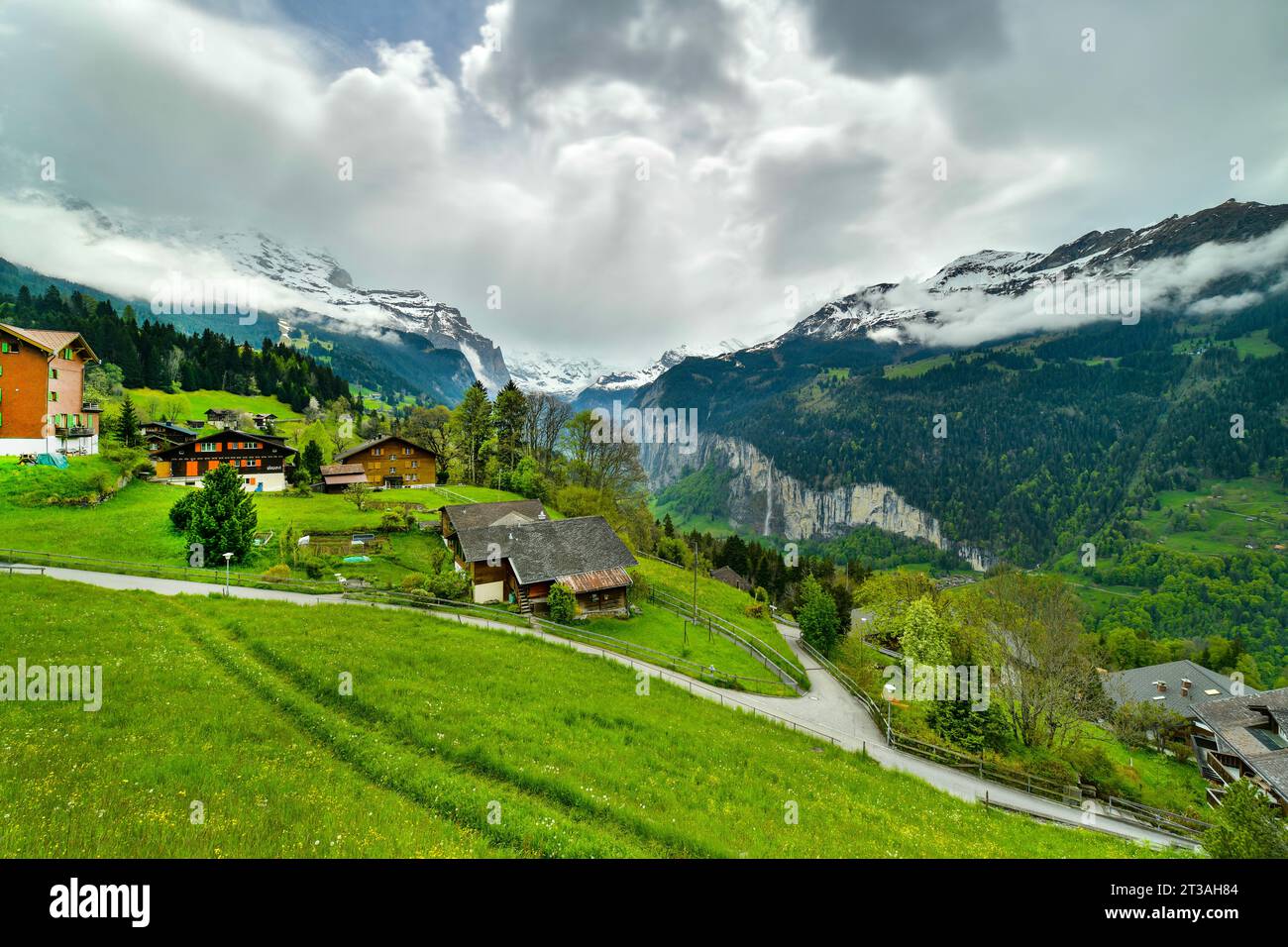 View of alpine Wengen village Beautiful outdoor scene in Switzerland ...