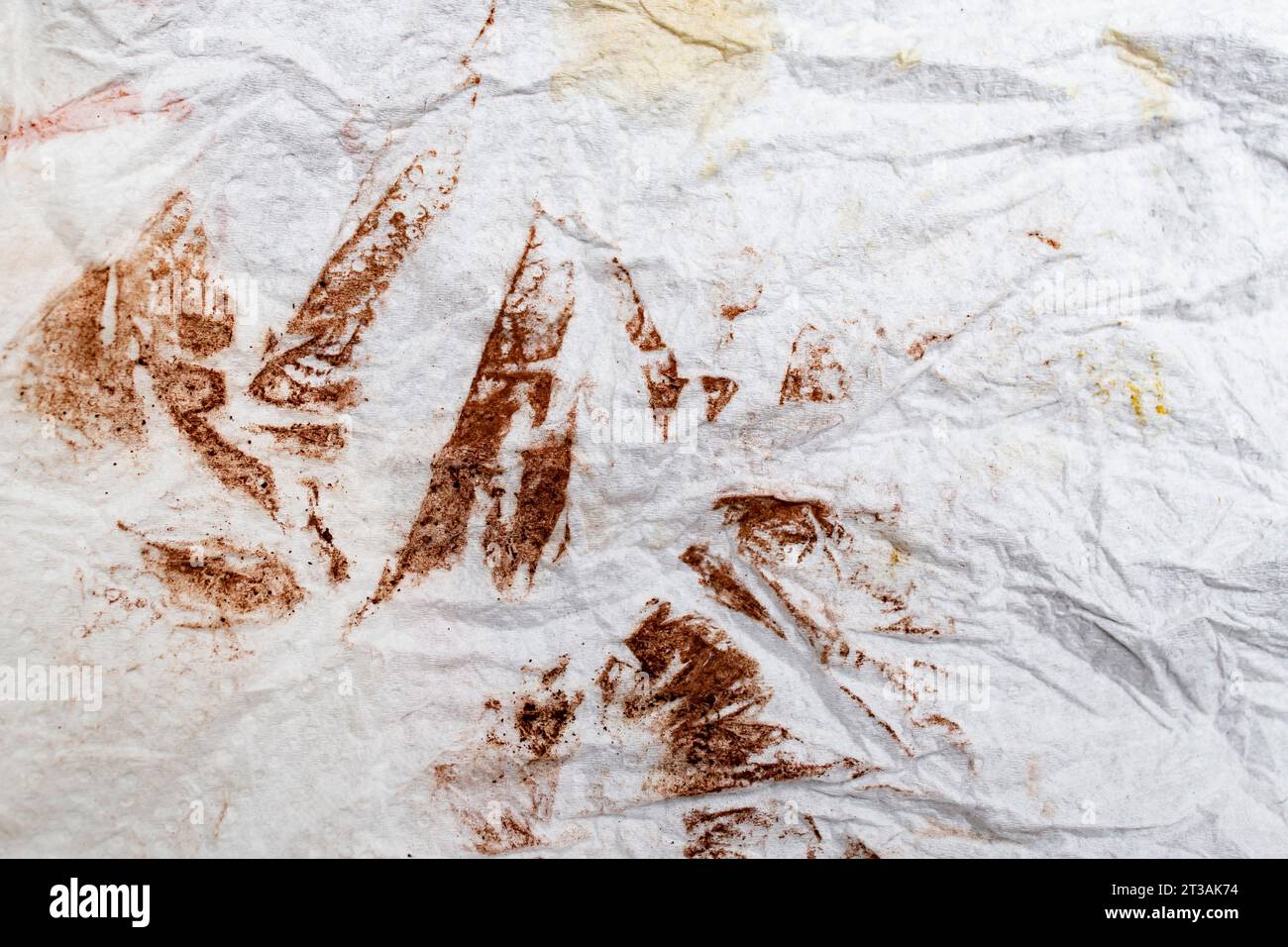 Cocoa powder or coffee stains on a wrinkled white paper towel, abstract ...