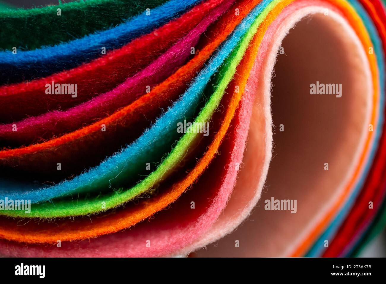 different colors felt swatches bent, margin view, soft focus close up ...