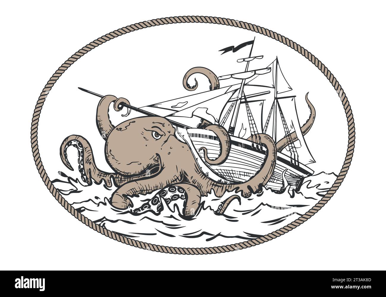 A mythical monster from the dark depths attacks the ship. The octopus wraps its tentacles around ...