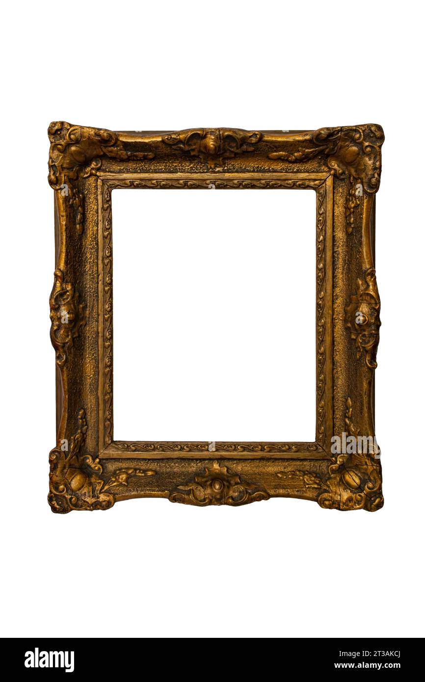 Golden brown vintage frame with classic decorations, isolated on white ...