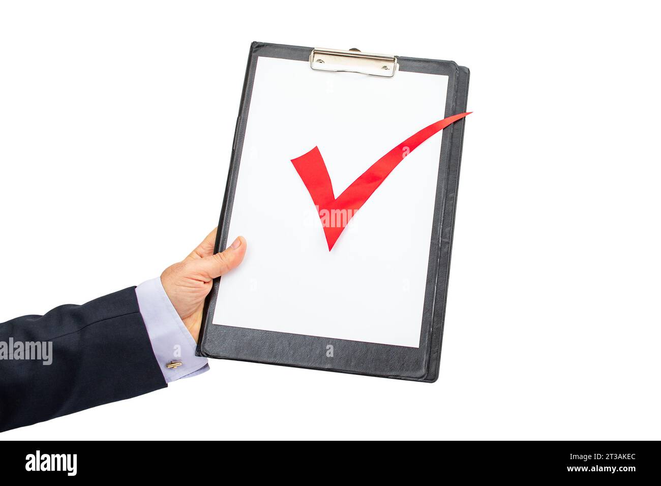 Business man hand holding a clipboard with a red check sign , isolated ...