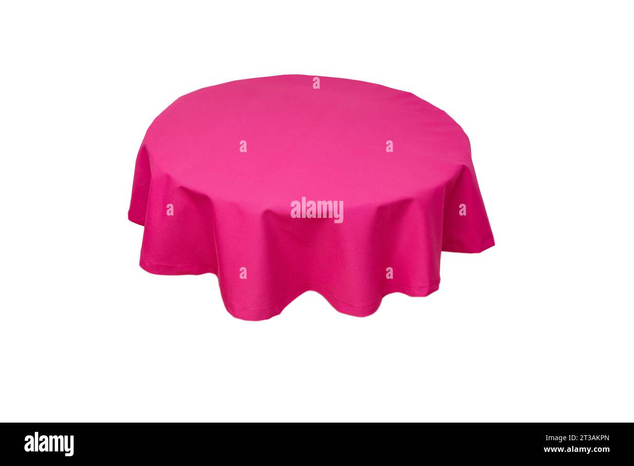 magenta cloth on a round shaped table, side view isolated on white ...