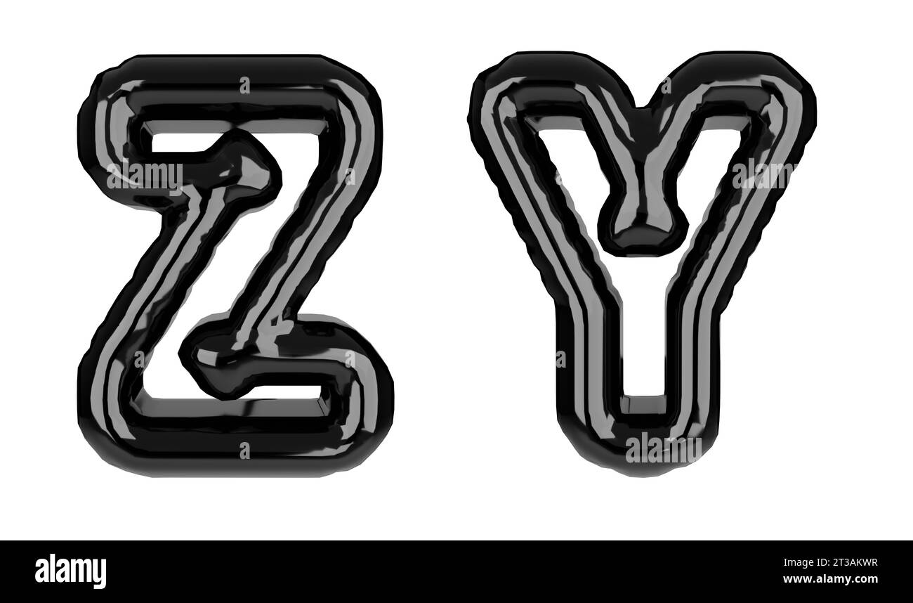 Glossy inflated black color letter Z, Y illustration. 3D render of ...
