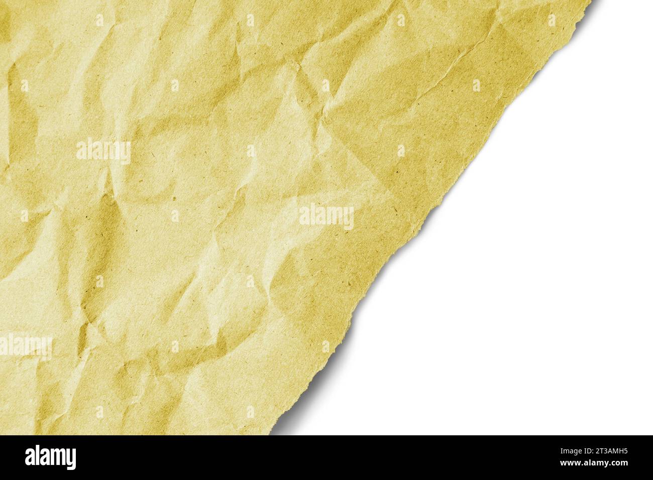 Recycled crumpled yellow paper texture with a diagonal torn edge ...