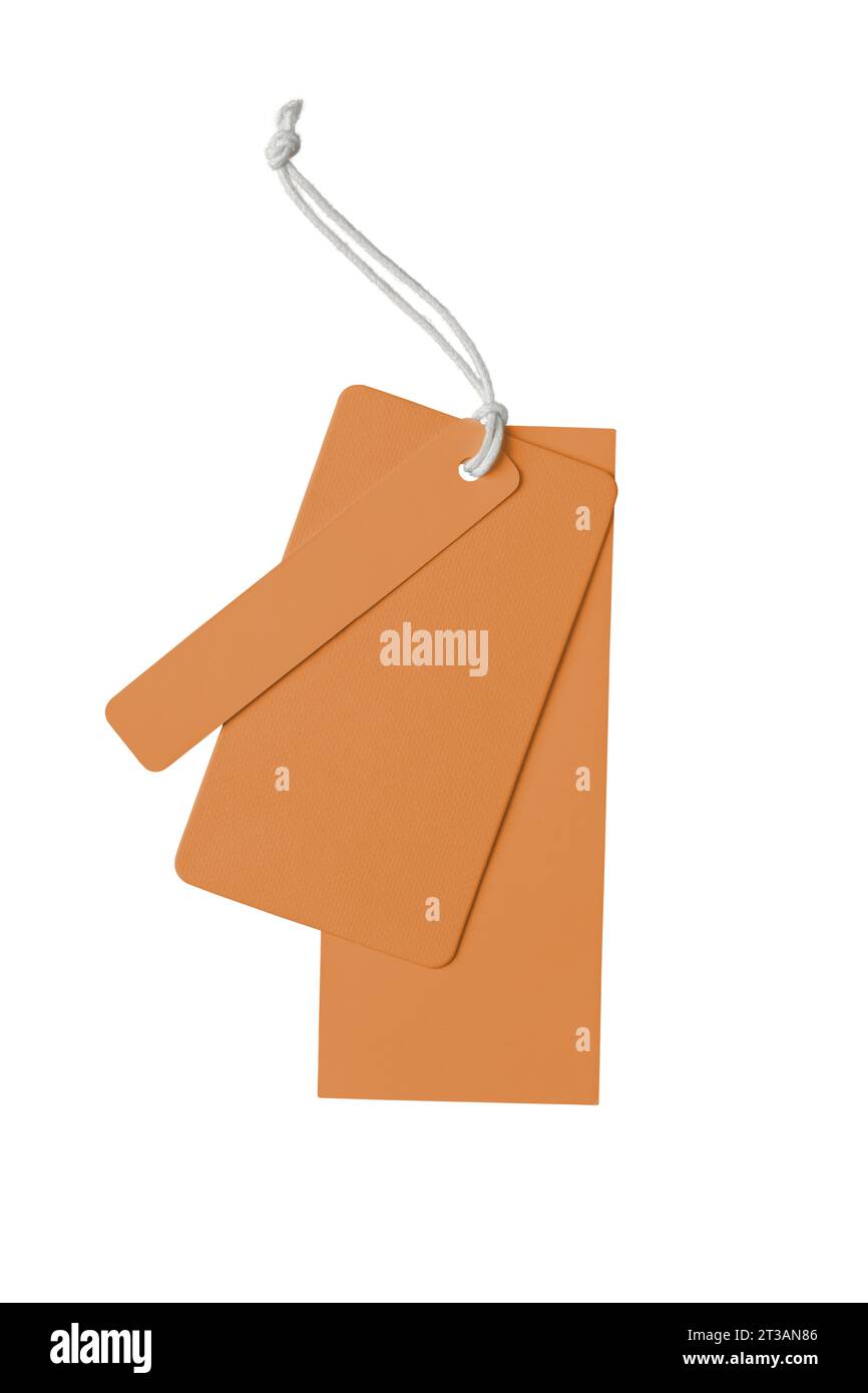Various shape of blank orange paper label or cloth tag set isolated on ...