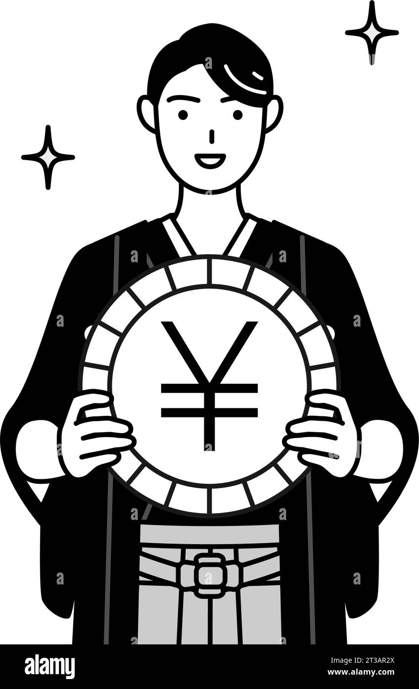 Man wearing Hakama with crest an image of foreign exchange gains and ...