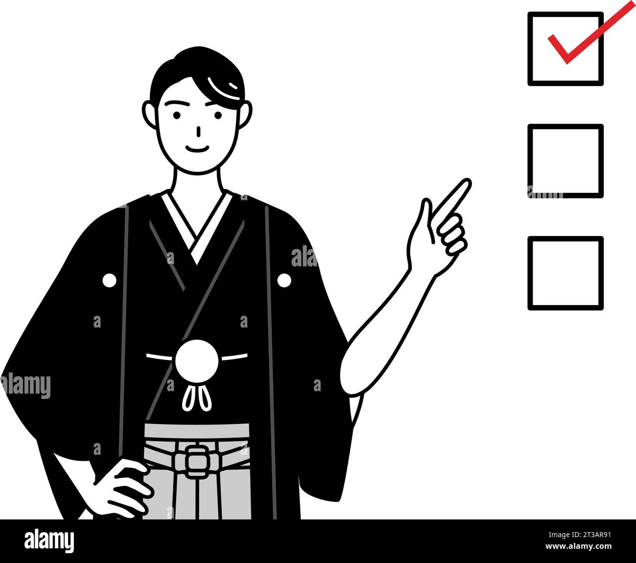 Man wearing Hakama with crest pointing to a checklist, Vector ...