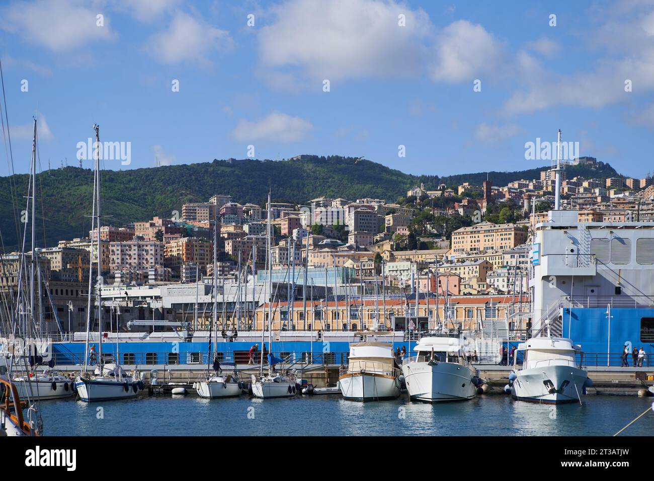 Multiple yachts and motorboats in a harbor of Genoa. Different ...