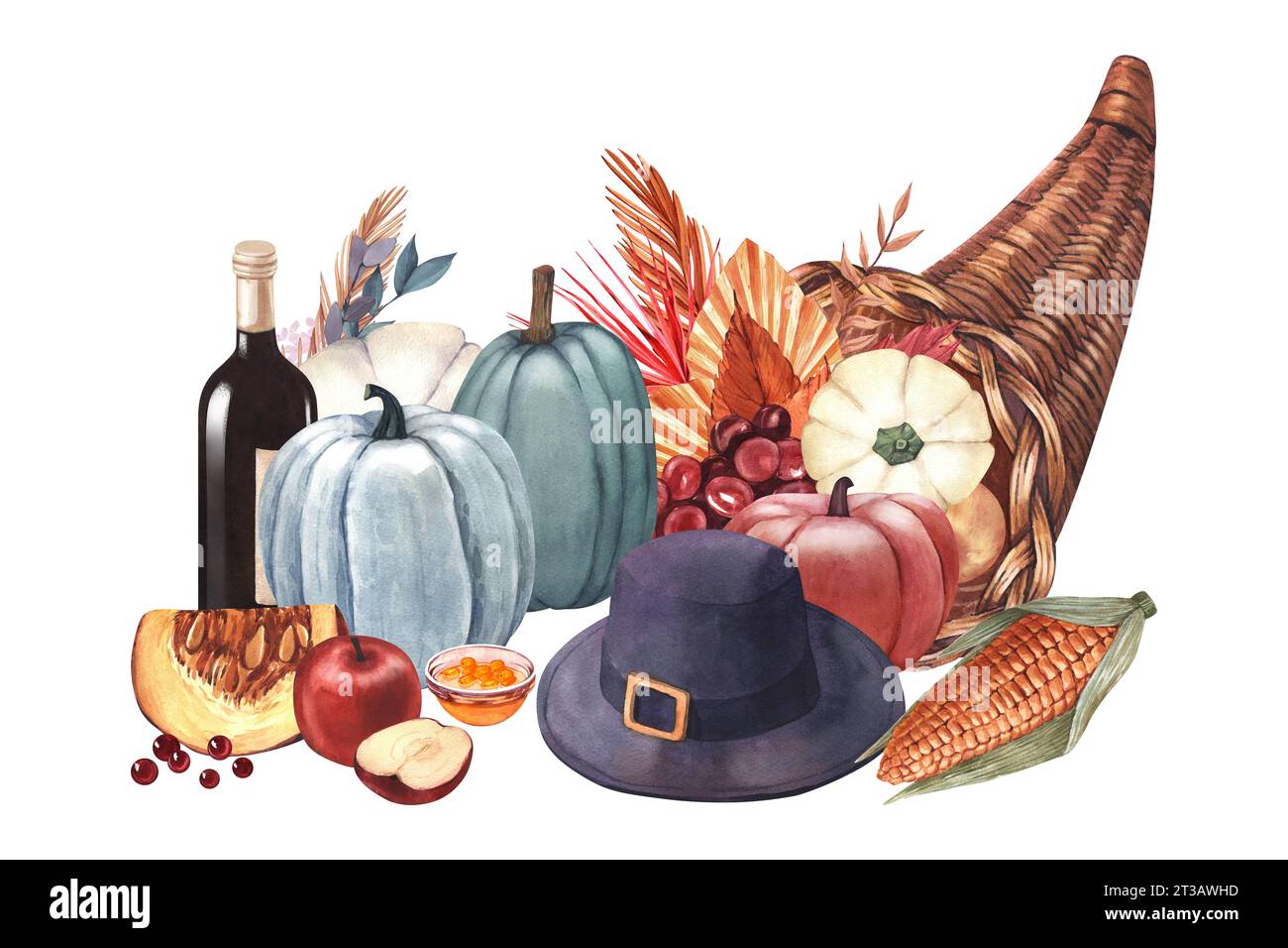 Watercolor cornucopia (horn of plenty) with pumpkin and vegetable. Hand ...