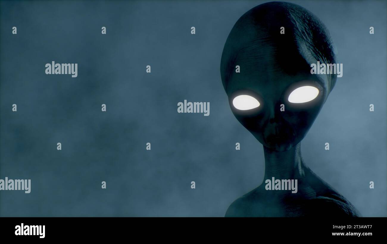 Scary gray alien walks and looks blinking on a dark smoky background ...