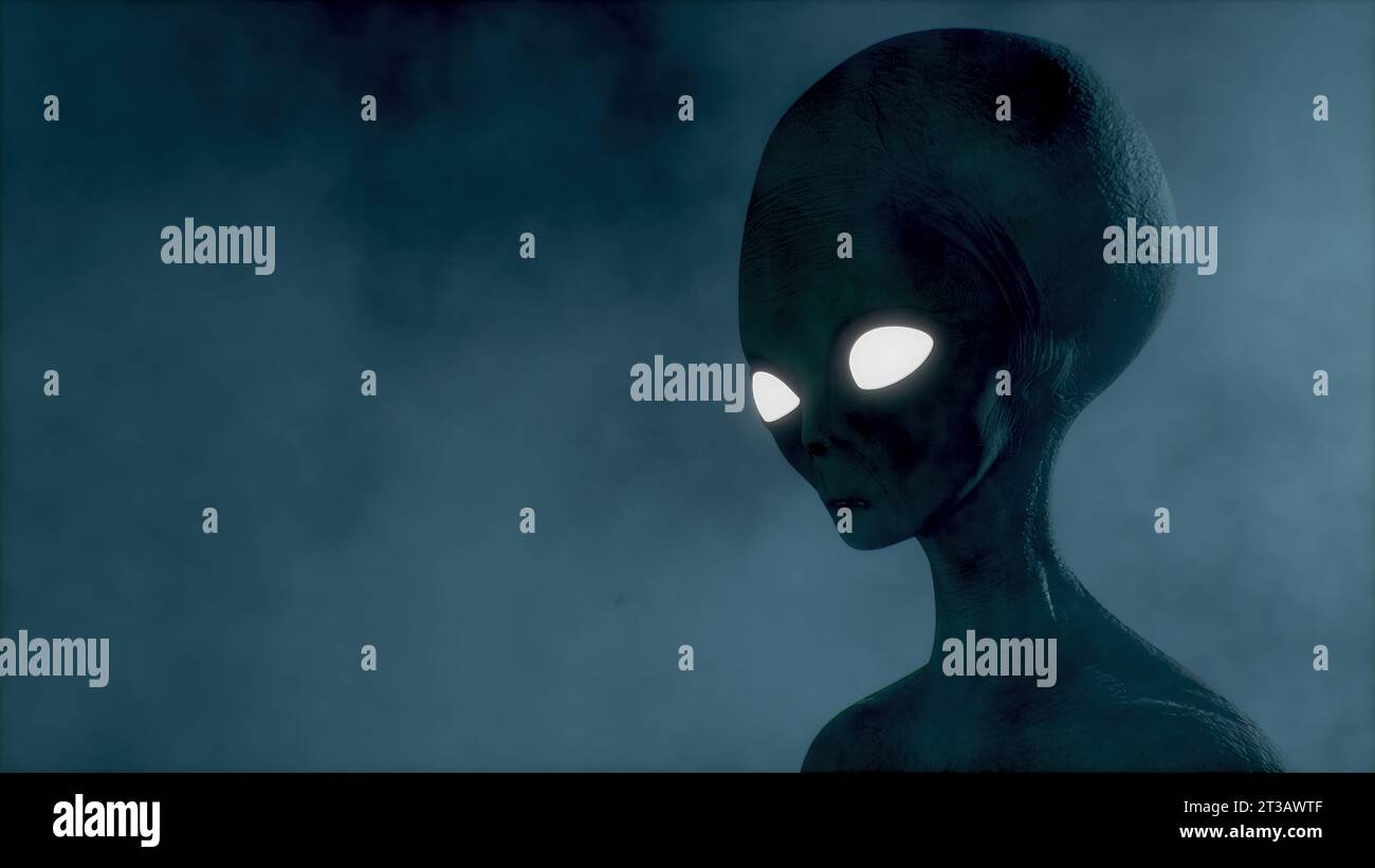 Scary gray alien stands and looks blinking on a dark smoky background ...
