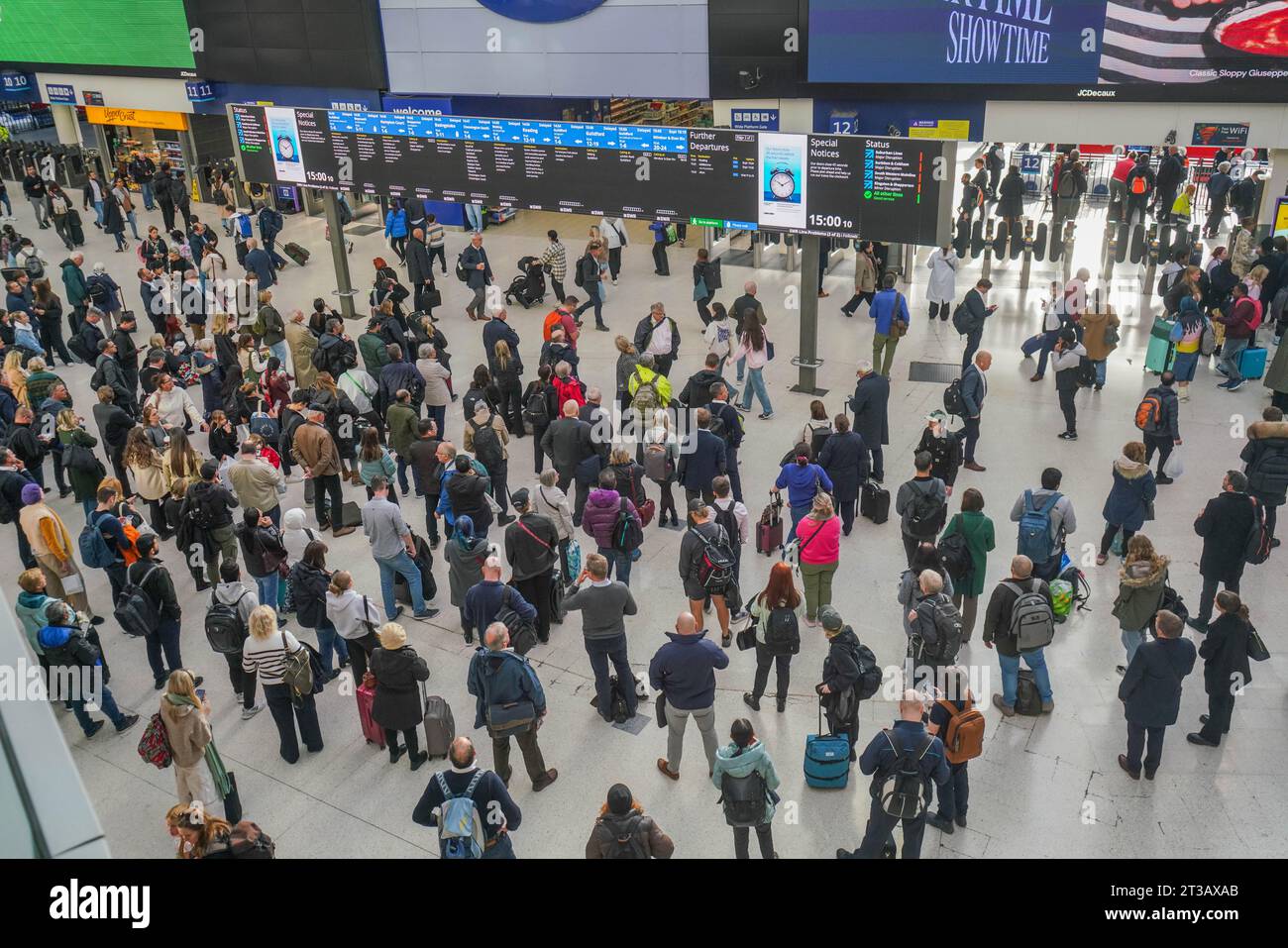 London , UK 24 October 2023. Passengers at Waterloo station face severe delays with train ...