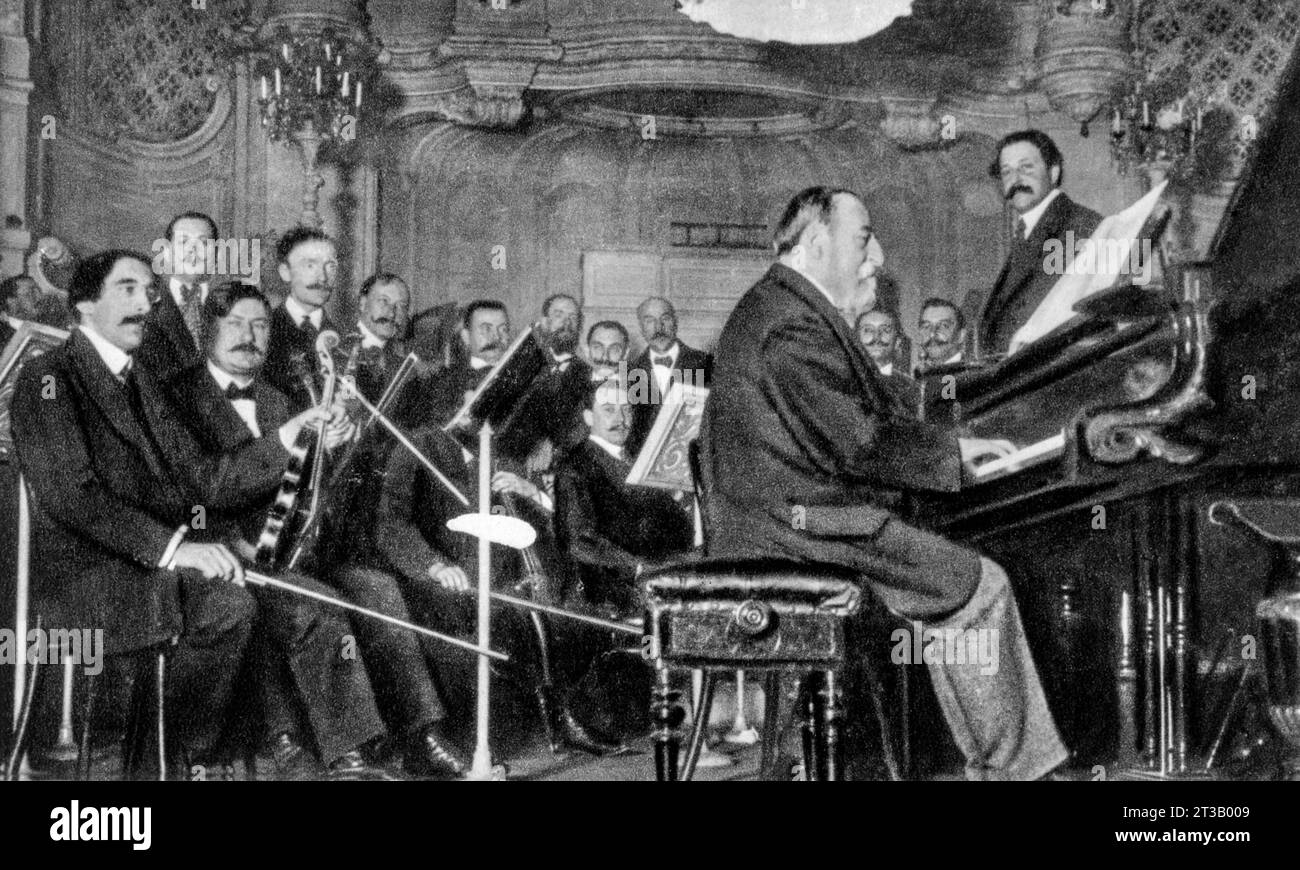 Portrait of Camille Saint-Saëns (1835 - 1921) at the piano in 1910 ...