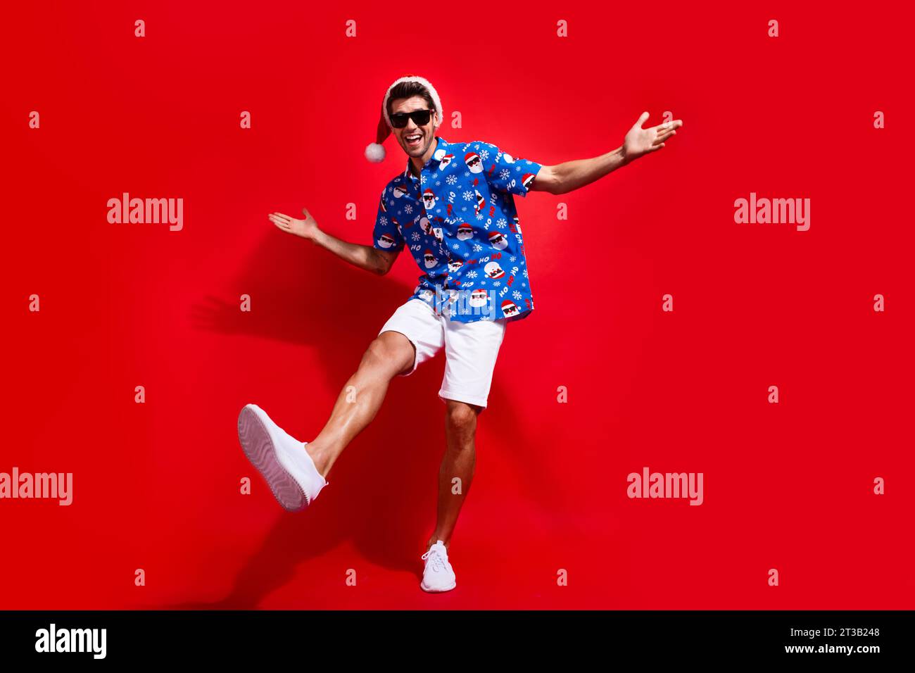 Full length photo of nice young male hands dancing have fun disco wear ...