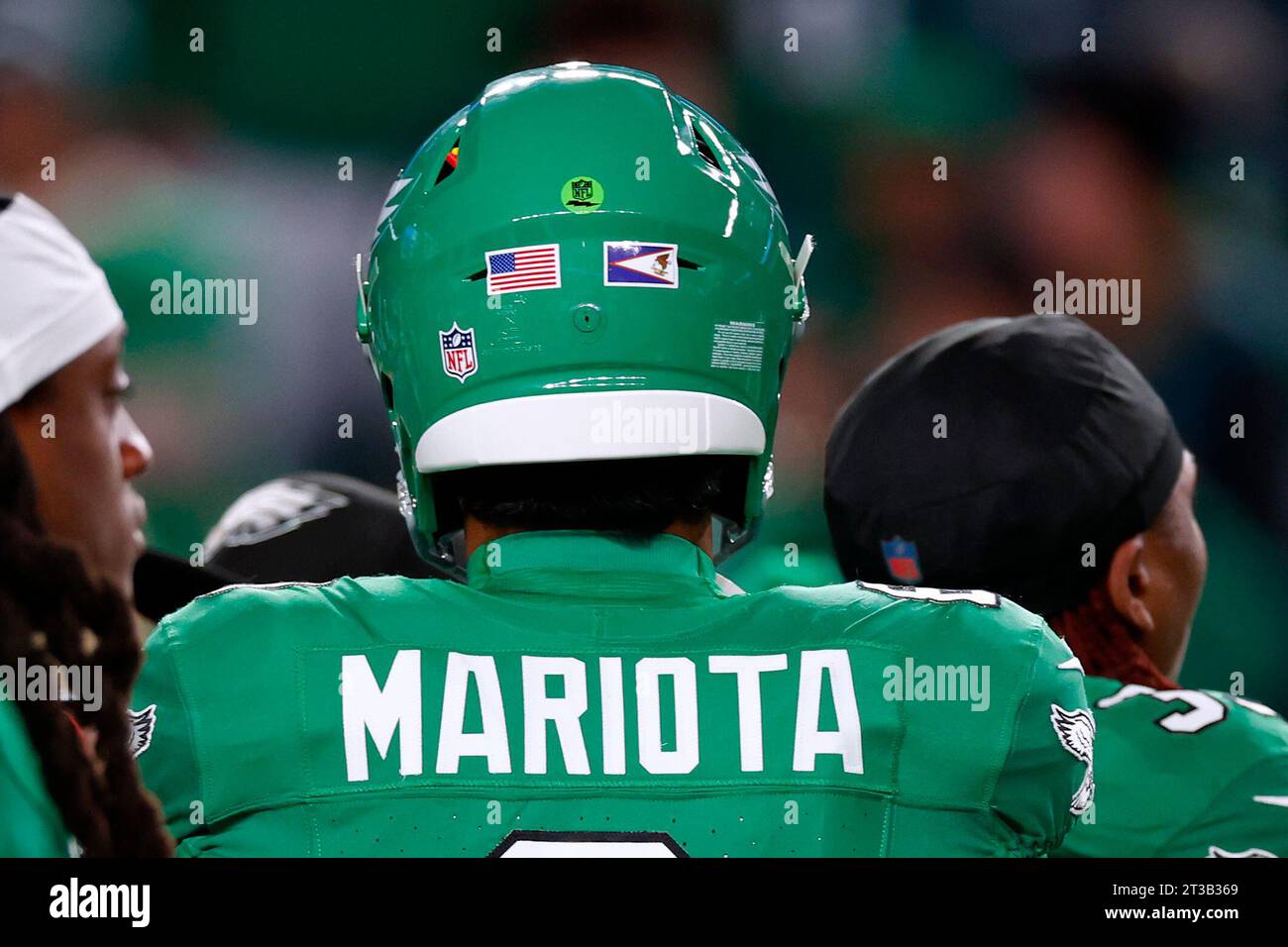 Flag emblem on the helmet of Philadelphia Eagles quarterback Marcus ...