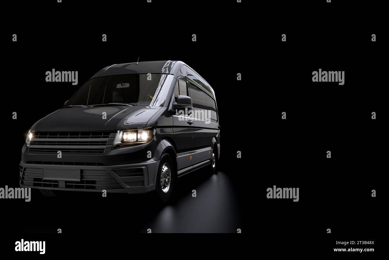 black transport van on a dark background. 3d render Stock Photo - Alamy