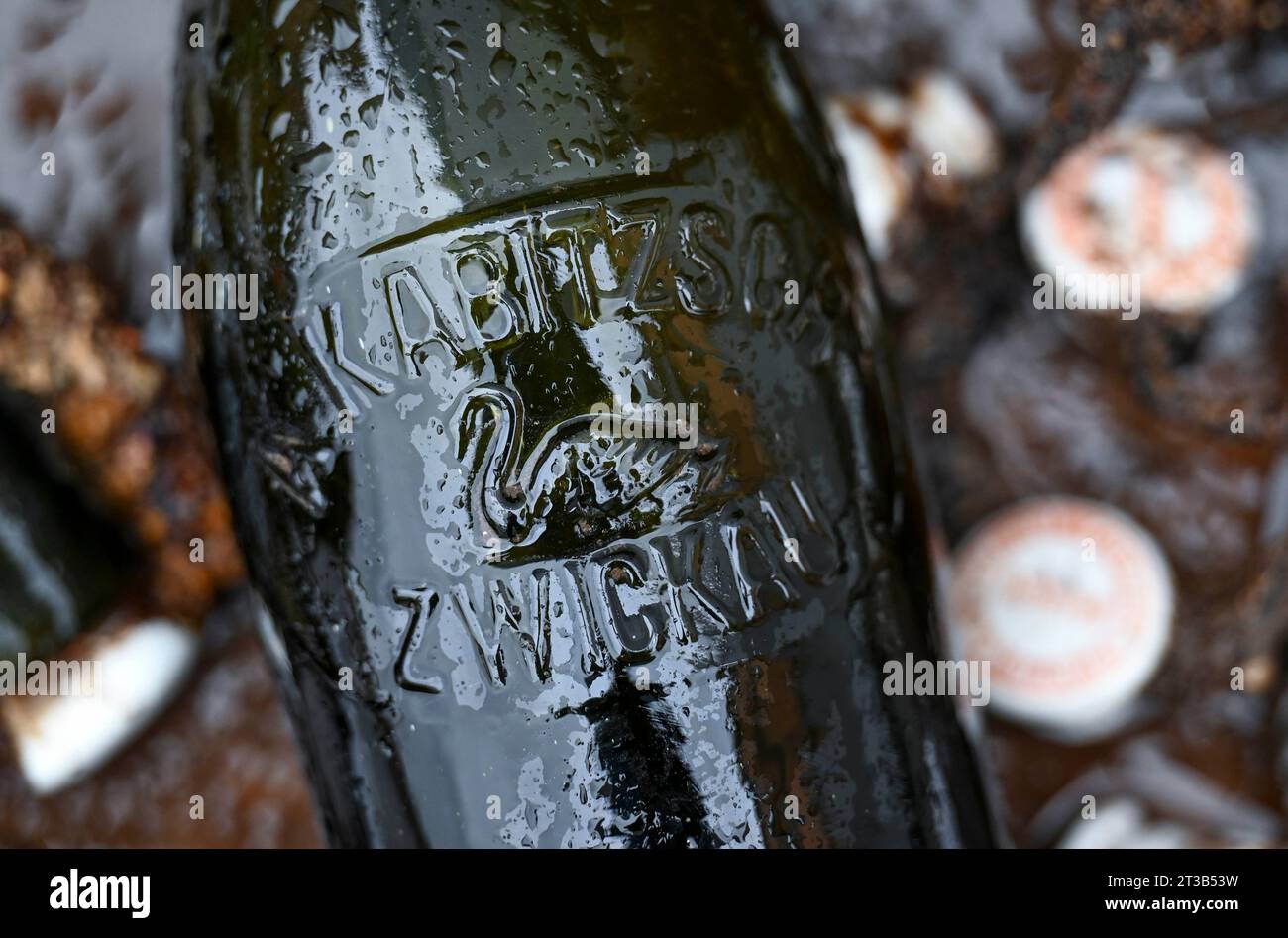 24 October 2023, Saxony, Zwickau: A historic beer bottle lies between ...