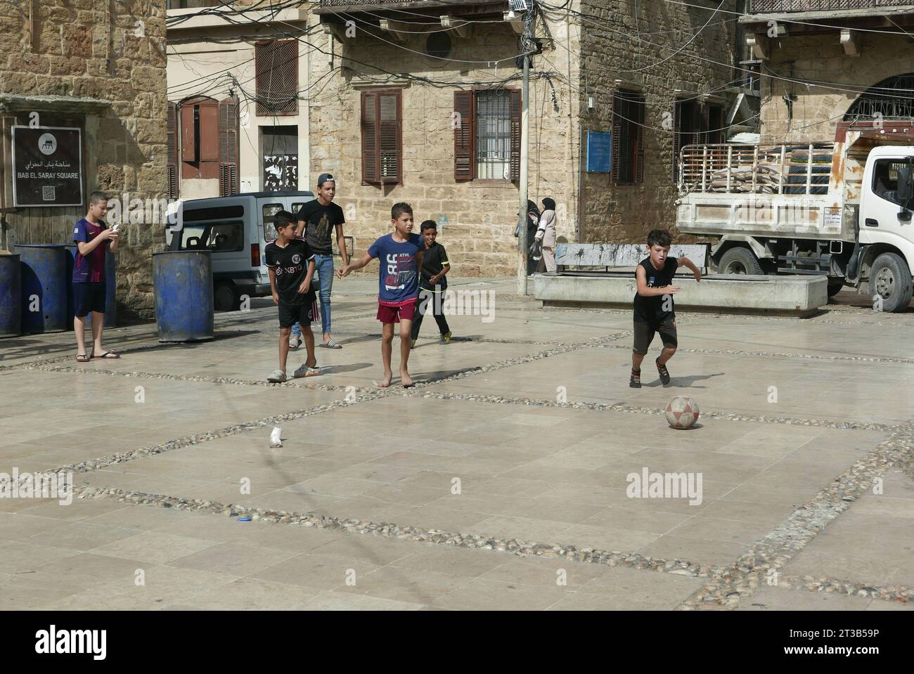 Children play in the souk of Saida, Lebanon, October 23 2023. Saida, or ...