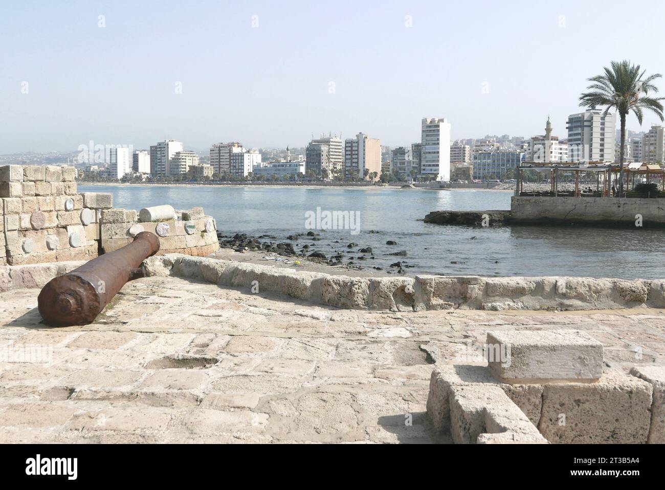 A shot of the seaside promenade from Crusaders' Castle, Saida, Lebanon ...