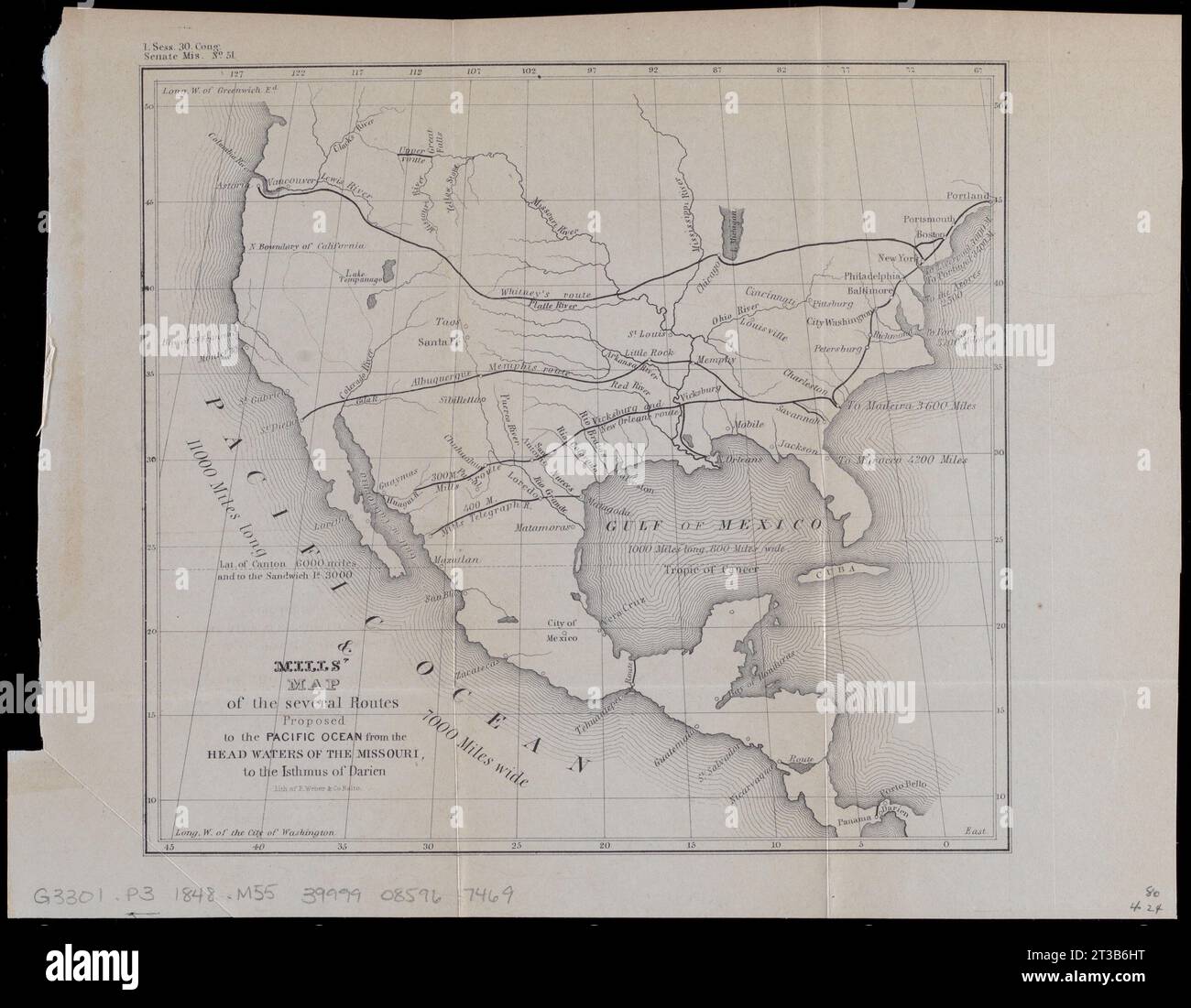 Mills map of the several routes proposed to the Pacific Ocean from the ...