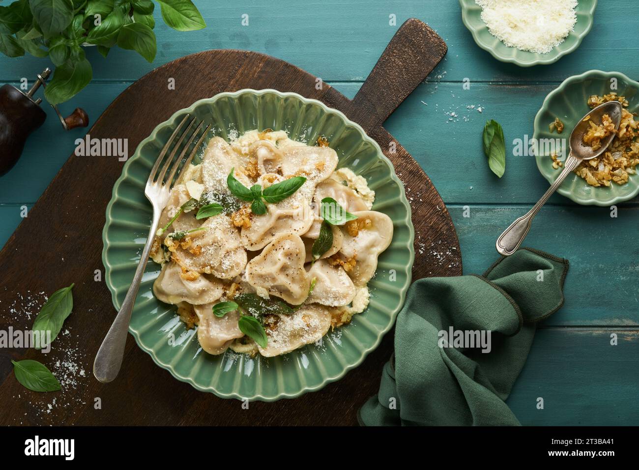 Homemade italian ravioli pasta in heart shape with beef meat, cheese ...
