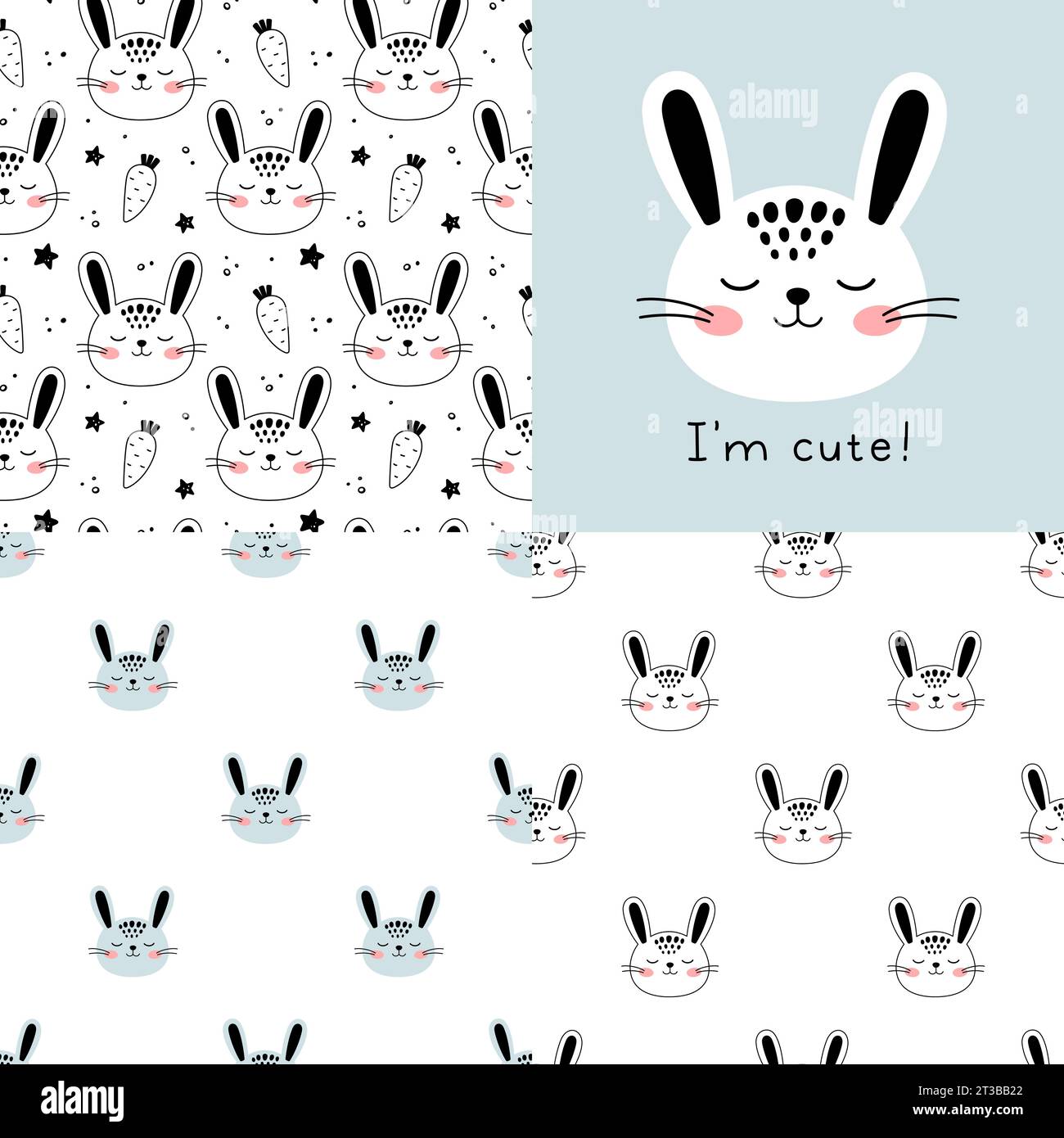 Set of Cute Little Hare seamless patterns. Hand drawn Little Bunny in ...