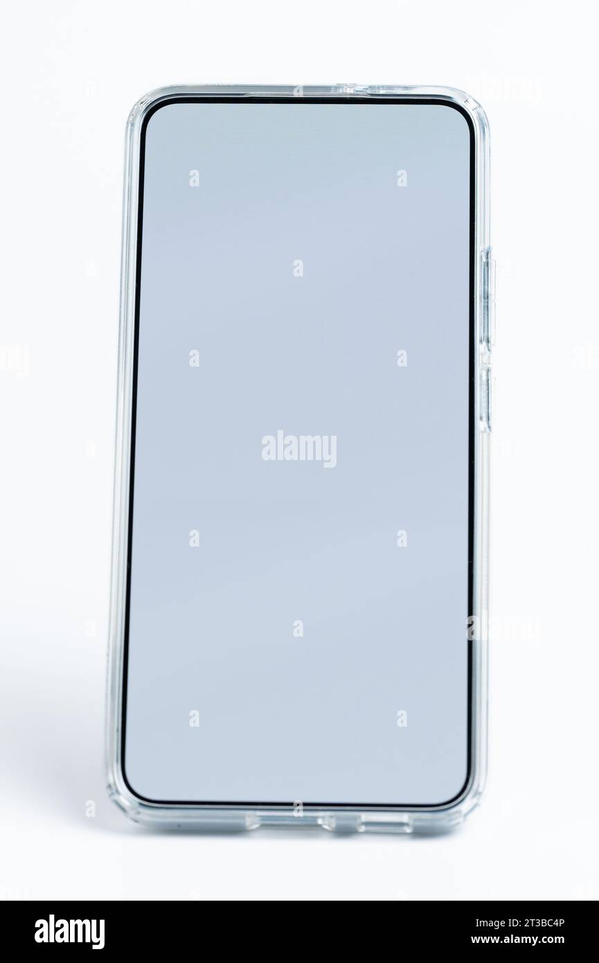Clean smartphone screen vertical view isolated on studio background ...