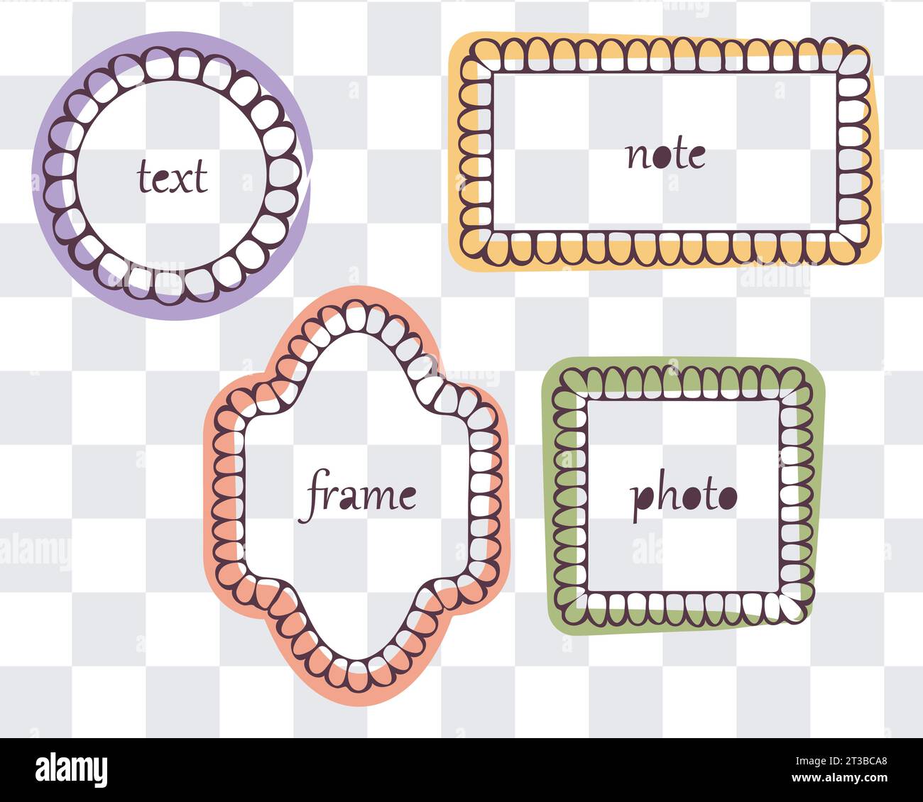 Cartoon style frames, outline borders, checkered background Set. Hand ...