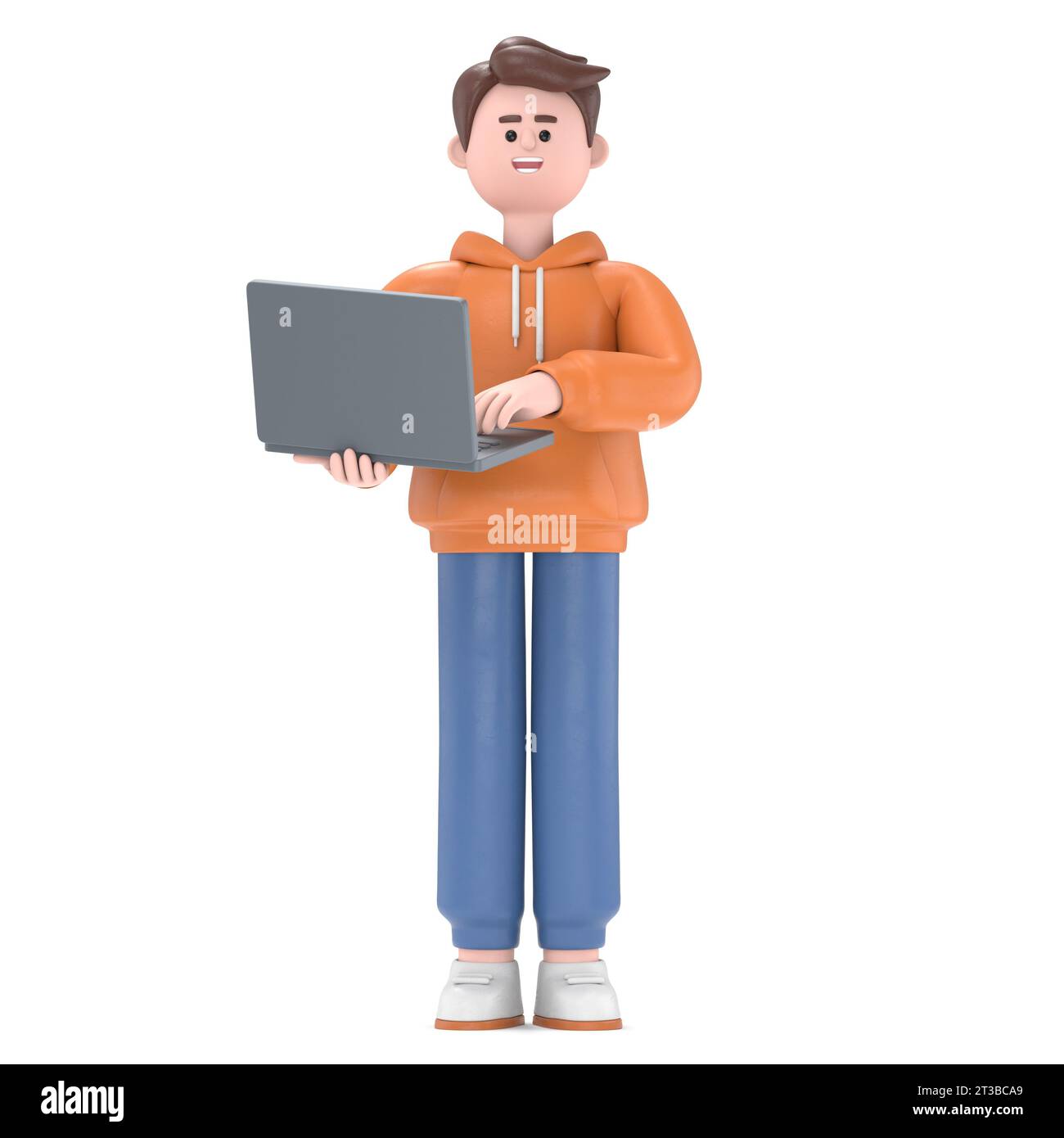 3D illustration of standing happy man Qadir holding laptop. Portraits ...