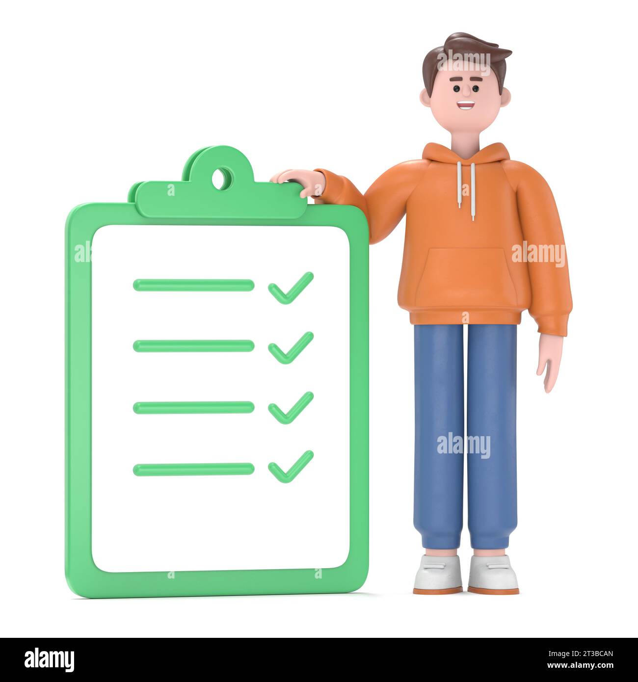 3D illustration of smiling businessman Qadir with tasks on paper sheets ...