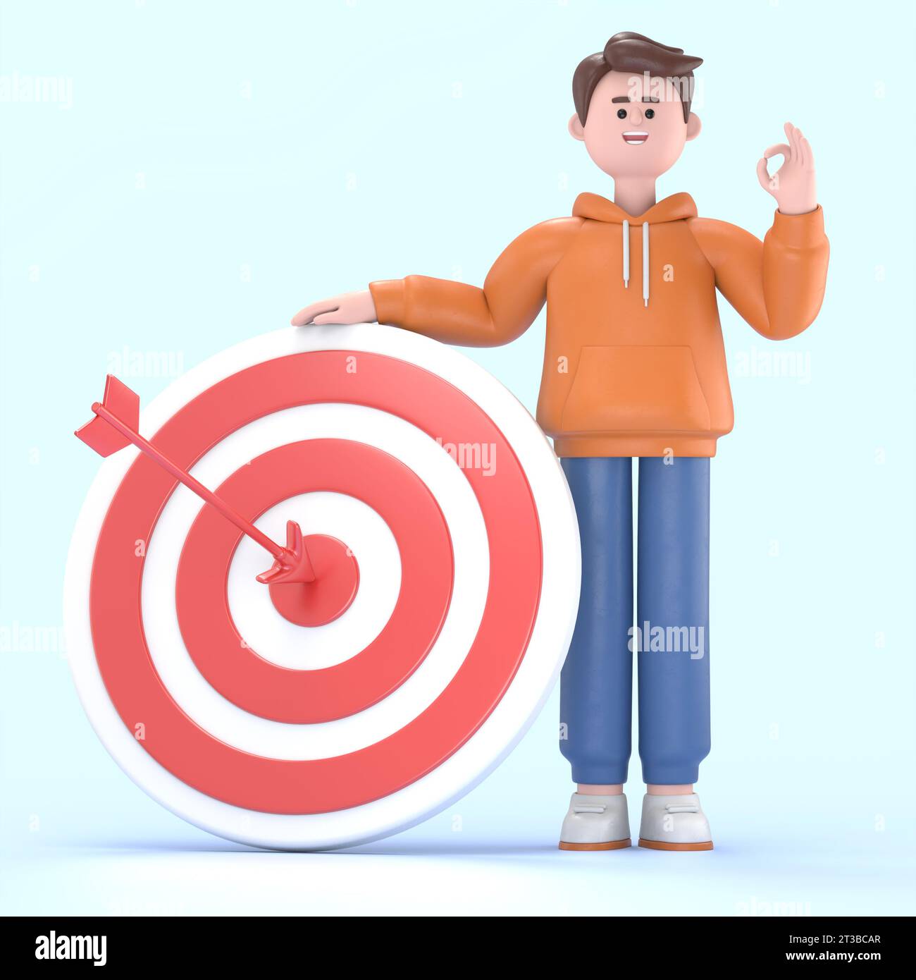 3D illustration of smiling businessman Qadir standing next to a huge ...