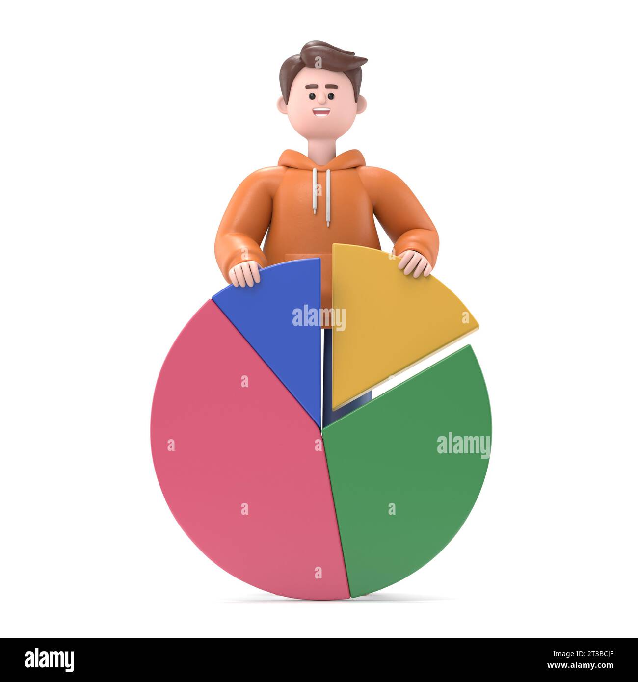 3D illustration of male guy Qadir cutting out a piece of pie chart.3D ...
