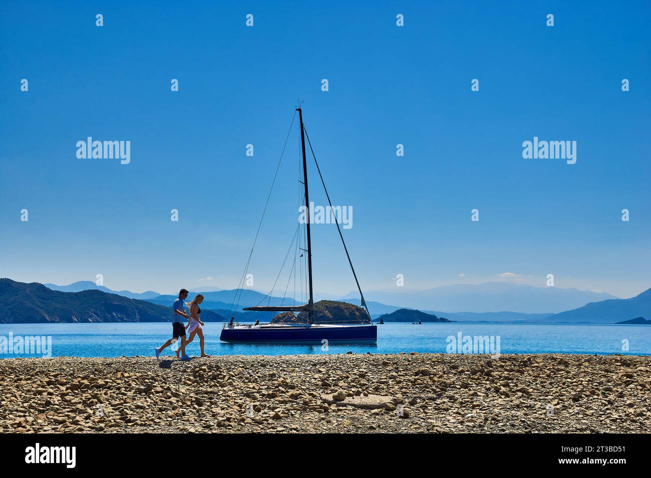 Sailing yacht at anchor in the Gulf of Fethiye, southern Turkey with a ...