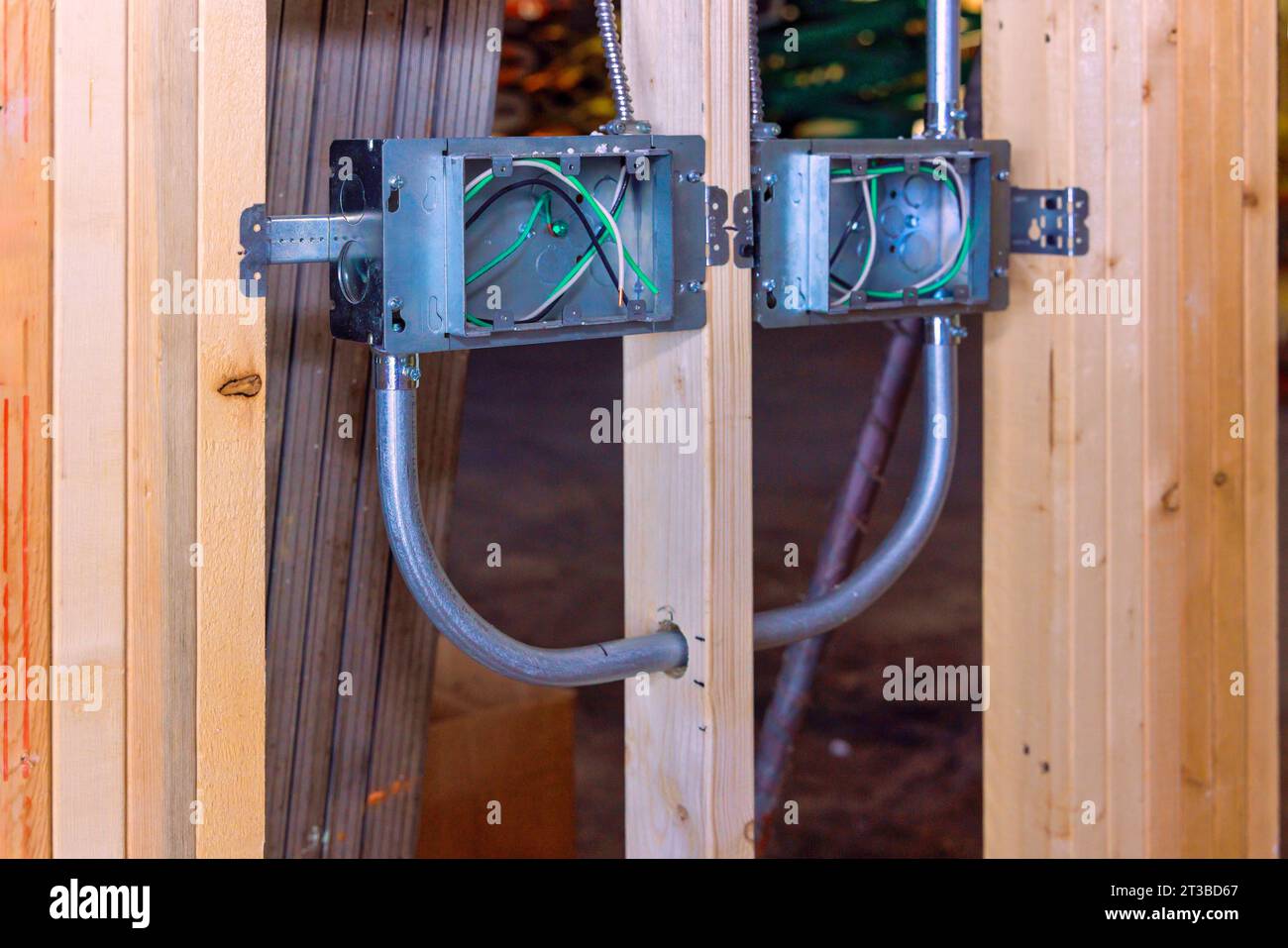 Electrical metal box in wall wiring with under construction house Stock ...