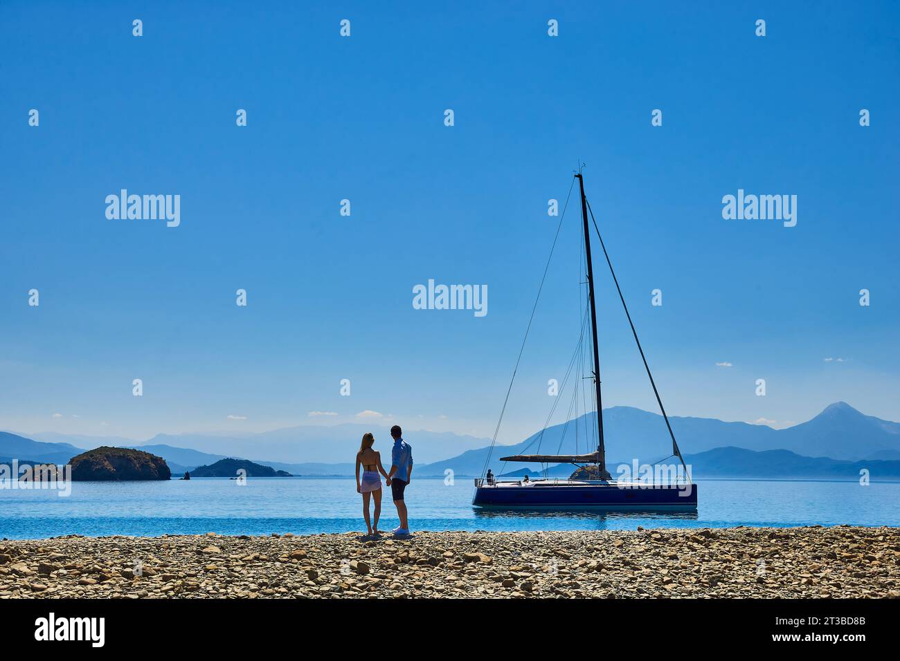Sailing yacht at anchor in the Gulf of Fethiye, southern Turkey with a ...