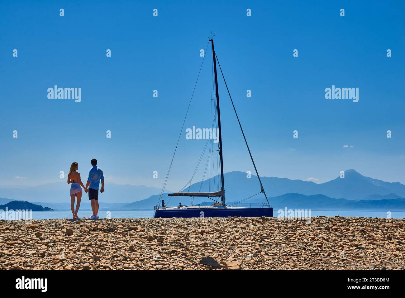 Sailing yacht at anchor in the Gulf of Fethiye, southern Turkey with a ...