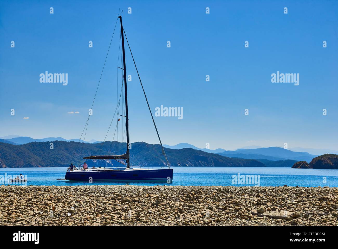 Sailing yacht at anchor in the Gulf of Fethiye on the southern Turkish ...