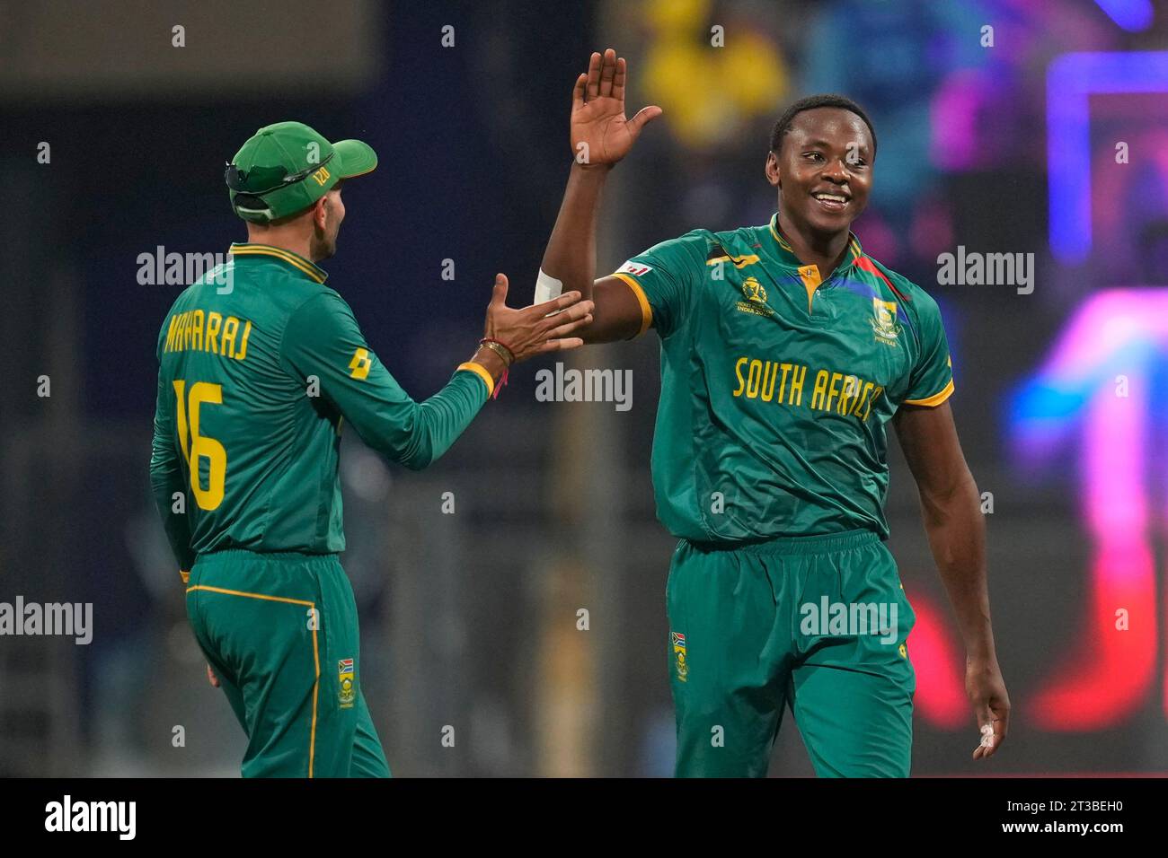 South Africa's Kagiso Rabada, right, celebrates the wicket of ...