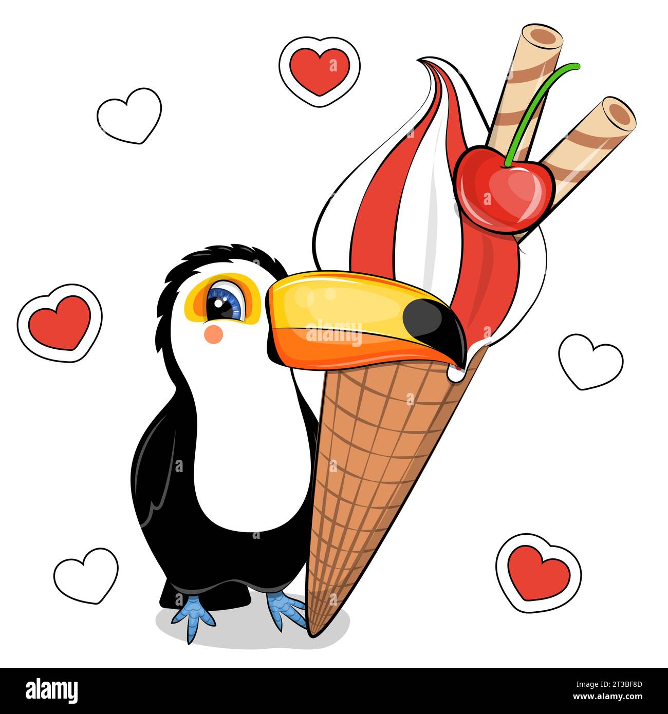 Cute cartoon toucan holds a big ice cream. Summer animal vector ...