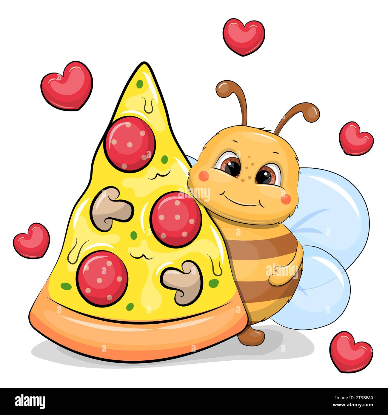Cute cartoon bee with a big piece of pizza. Vector illustration of ...