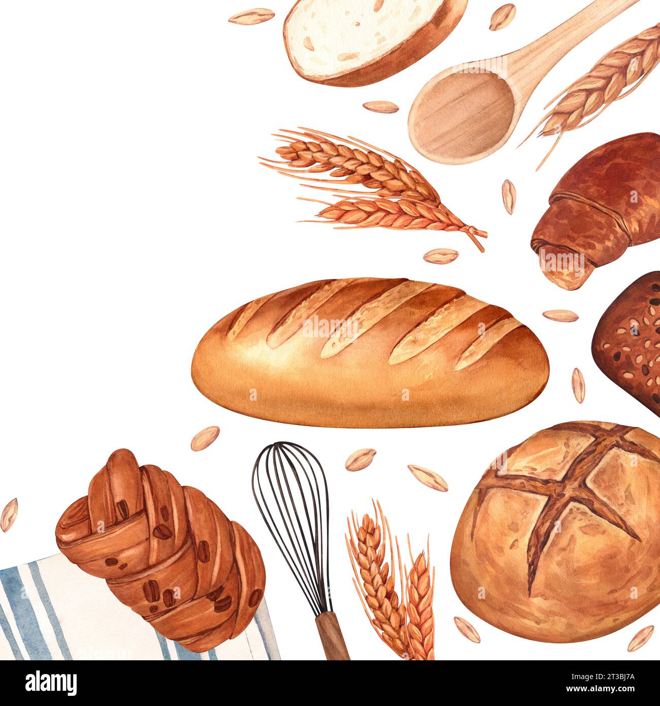 Watercolor bakery background. Illustration bread and pastry collection ...