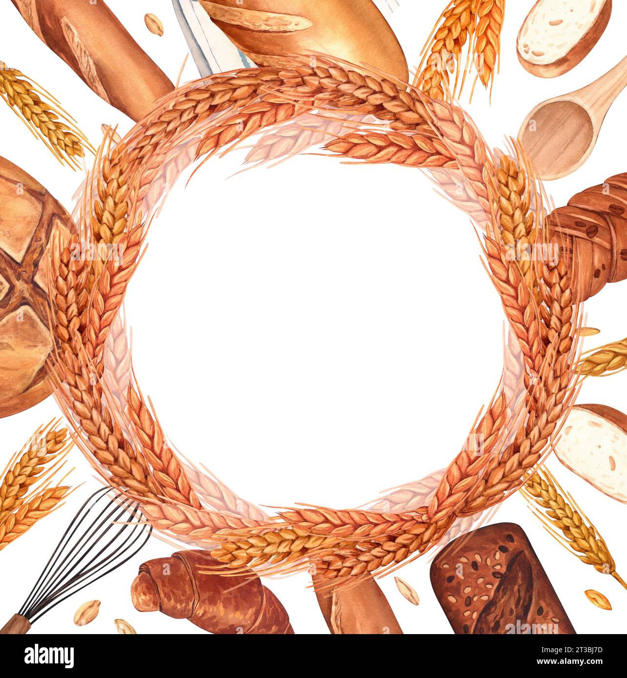 Watercolor bakery background. Bread and pastry collection. Bread house ...